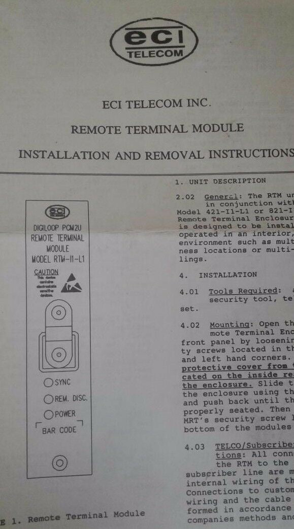 ECI Telecom Digiloop Remote Terminal Module MFG Date 1997 Model # RTM ...