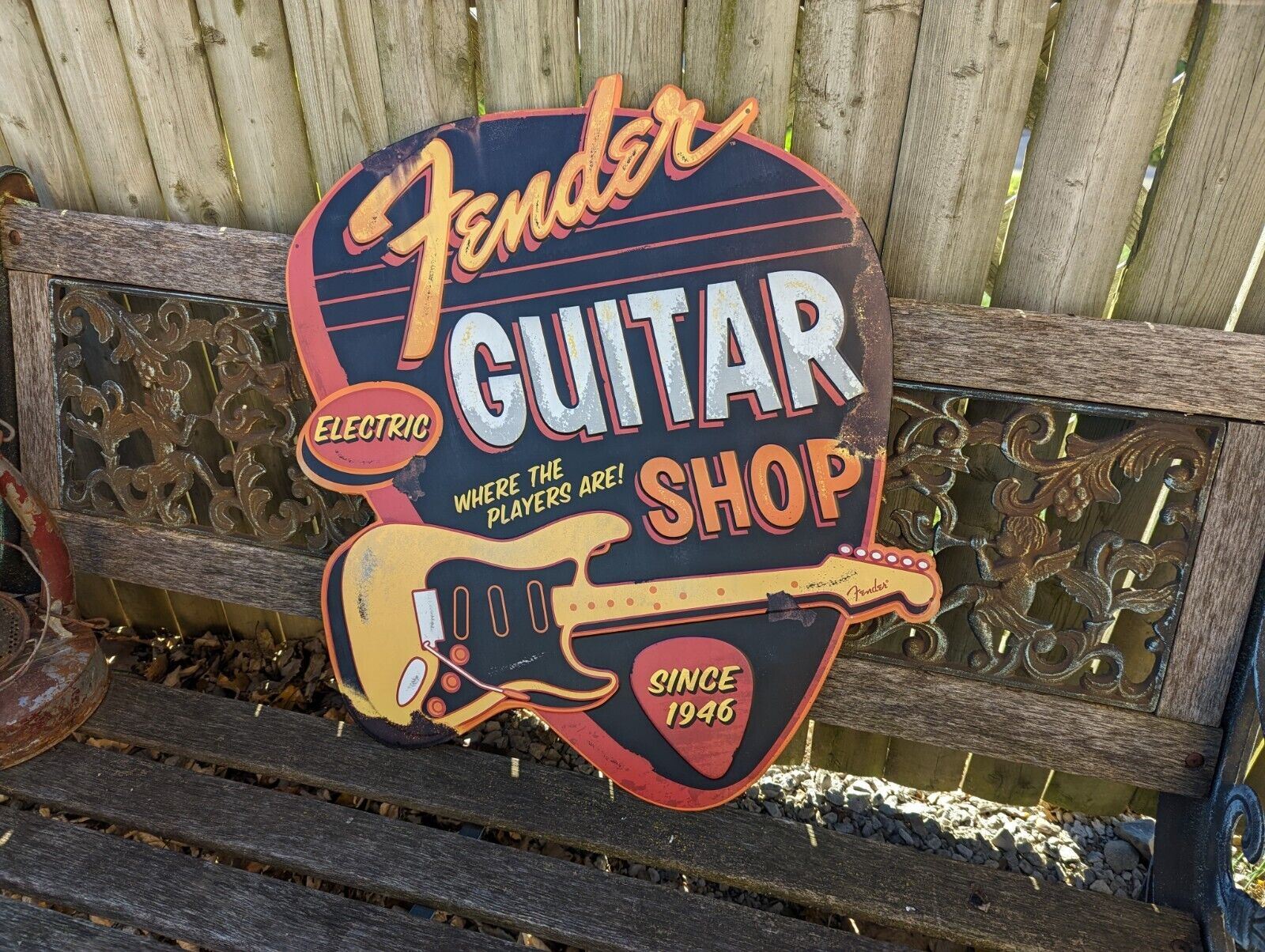 Fender Guitar Shop Electric LARGE Vintage Look Sign Metal Embossed lic ...