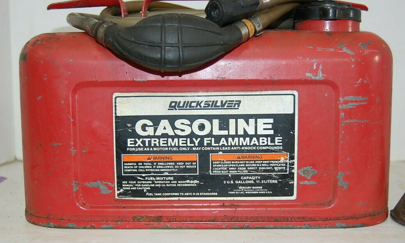 Vintage Gas Can QuickSilver metal Gasoline Can w/ Hand Pump, Hose & FU ...