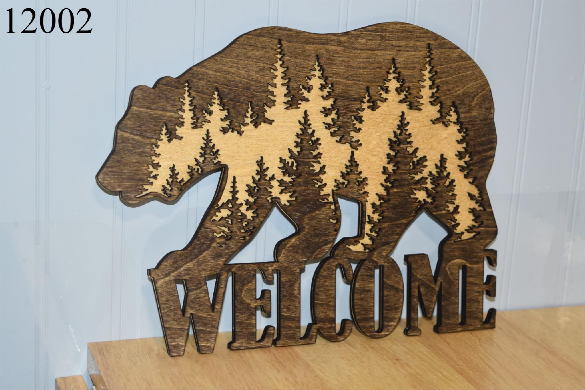 Rustic Bear with Wilderness Welcome Sign Laser Cut Dark Walnut and Gol ...