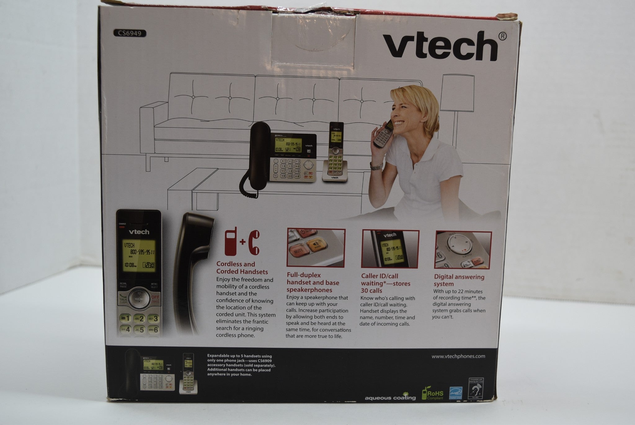 Vtech CS6949 DECT 6.0 Corded Cordless 2-Handset Telephone System, Dual ...