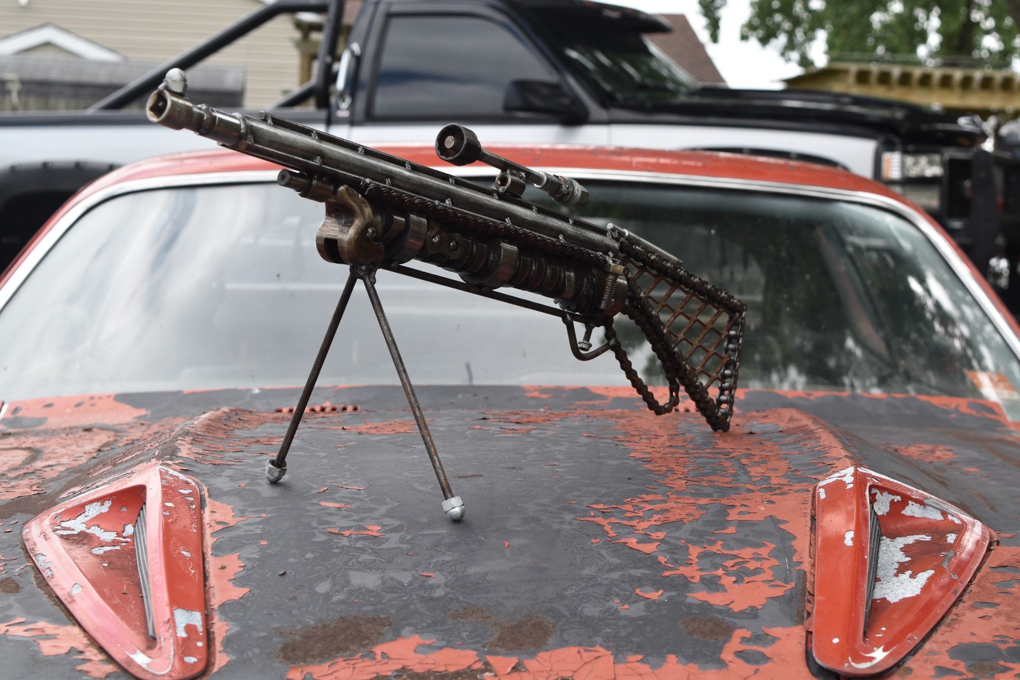 Scrap Metal Sculpture Welded Industrial Art Gun Rifle Chains Garage Ha ...