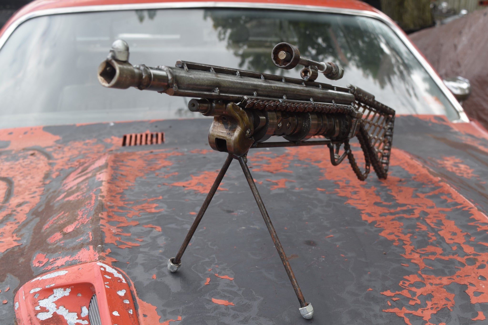 Scrap Metal Sculpture Welded Industrial Art Gun Rifle Chains Garage Ha ...