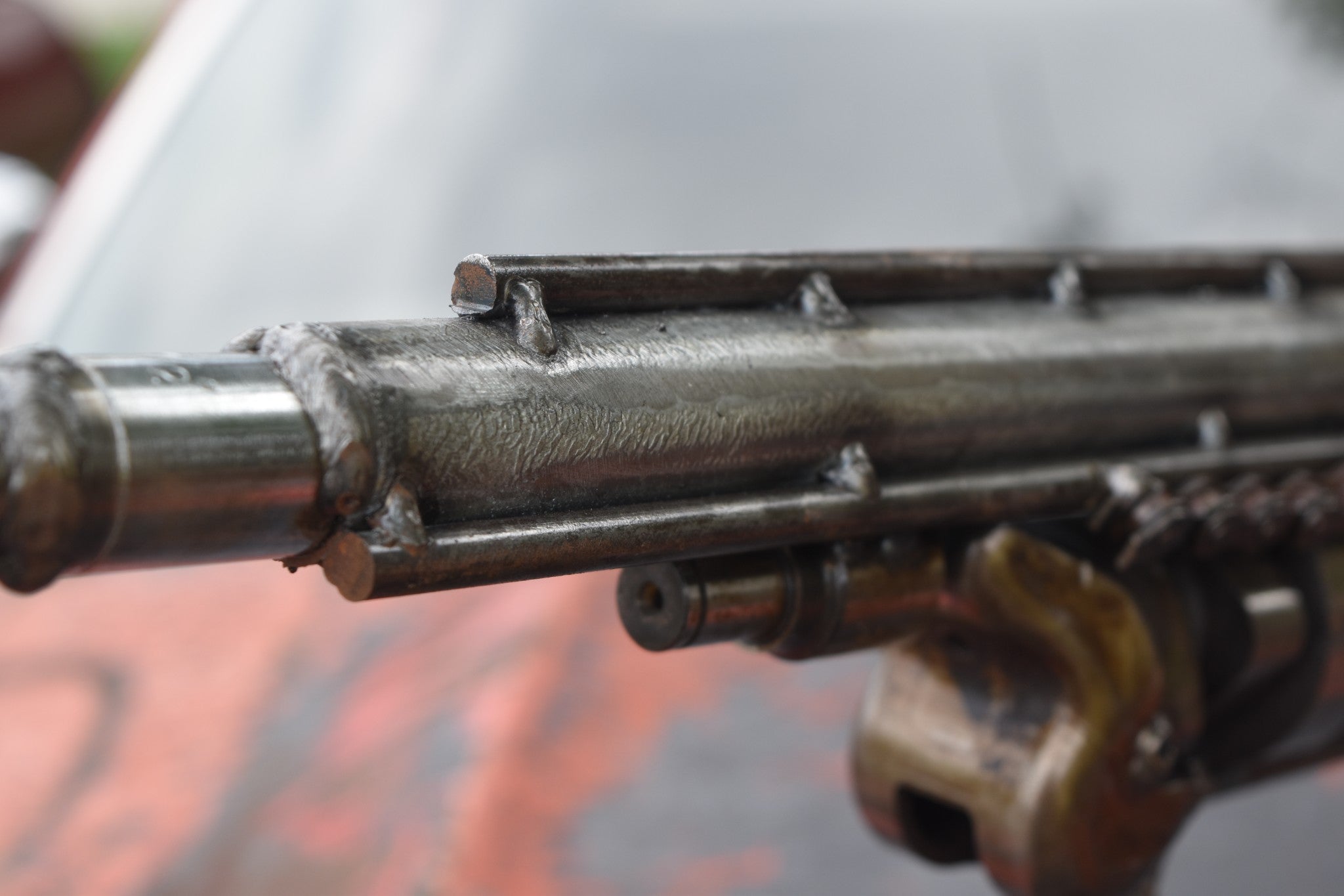 Scrap Metal Sculpture Welded Industrial Art Gun Rifle Chains Garage Ha ...